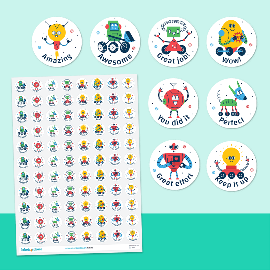 Robots Merit Stickers - 176 Reward Stickers | Labels4school – Labels4School